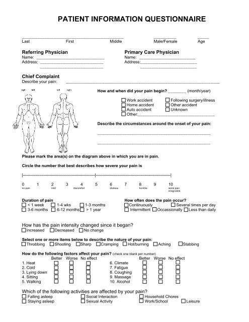 PATIENT INFORMATION QUESTIONNAIRE - Rex Healthcare