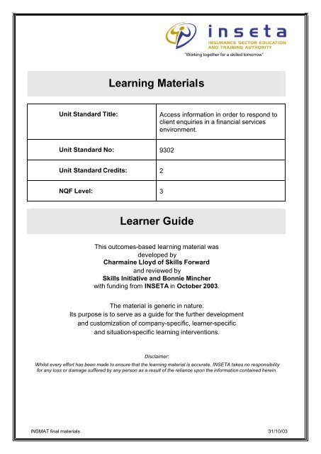 Learning Materials Learner Guide - INSETA