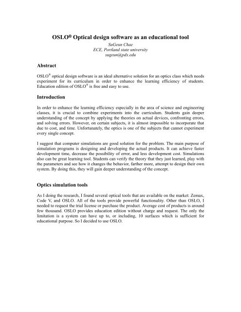 OSLO Optical design software as an educational tool