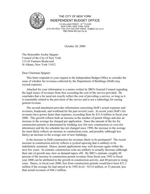 Department of Buildings Construction Permit Revenues Letter