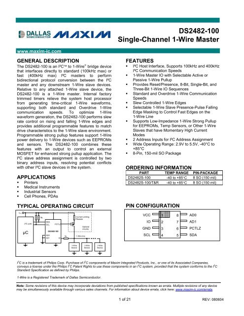 DS2482-100 Single-Channel 1-Wire Master