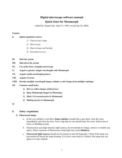 Digital microscope software manual Quick Start for Metamorph
