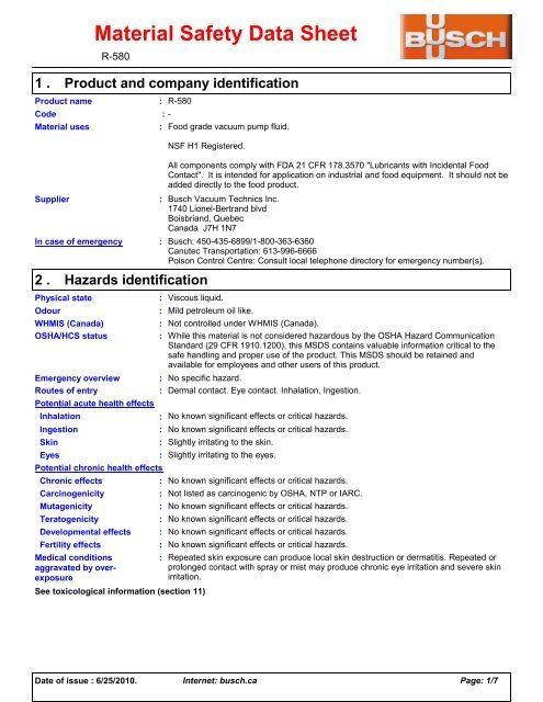 Material Safety Data Sheet - Busch Vacuum Technics