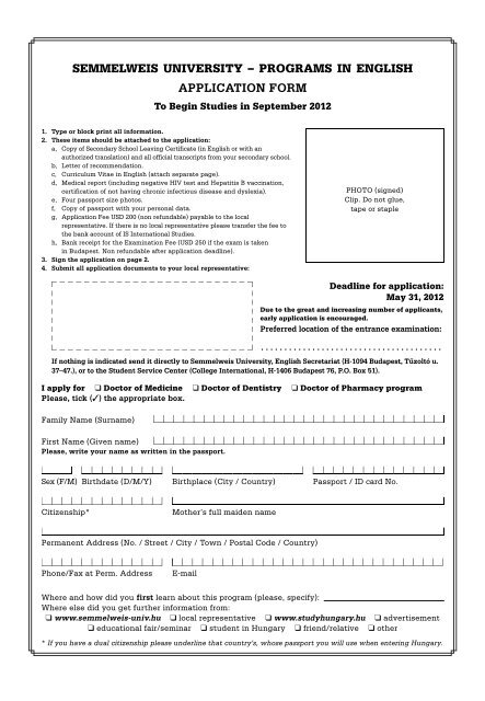 semmelweis university â programs in english application form