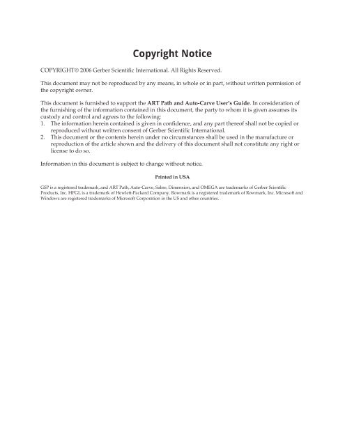 Copyright Notice - Gerber Scientific Products