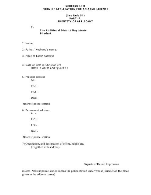 FORM OF APPLICATION FOR AN ARMS LICENSE