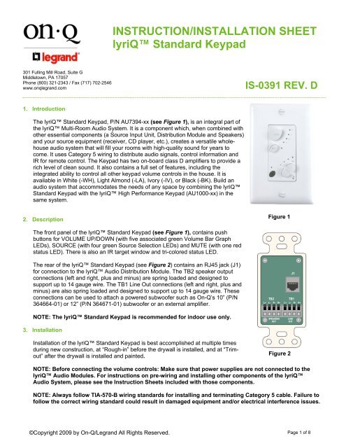 On-Q/Legrand AU7394 lyriQ Amplified Keypad Installation Manual