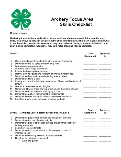 Archery Focus Area Skills Checklist