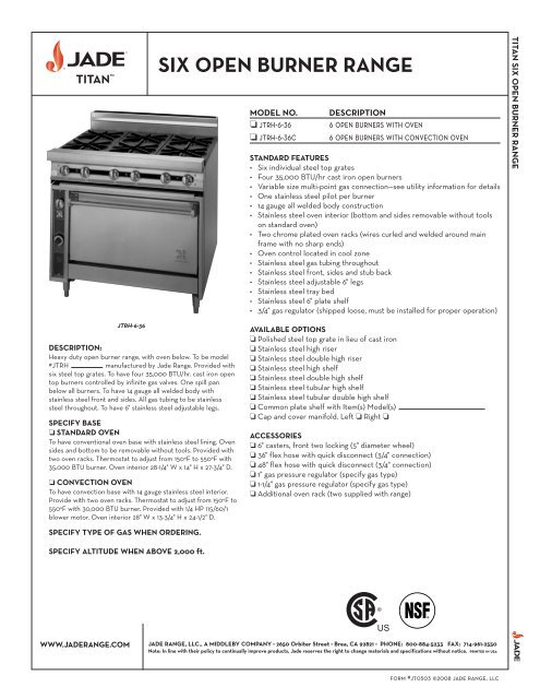 Six Open Burner Range (JTRH-6-36) - Jade Range Six Open Burner Range (JTRH-6-36) - Jade Range