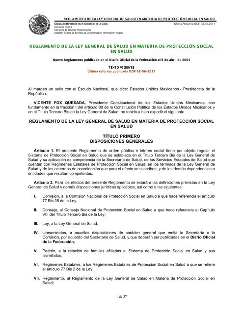 Reglamento de la Ley General de Salud en materia de Protección ...