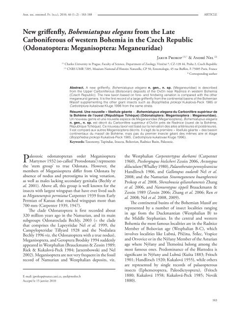 New griffenfly, Bohemiatupus elegans from the Late Carboniferous ...