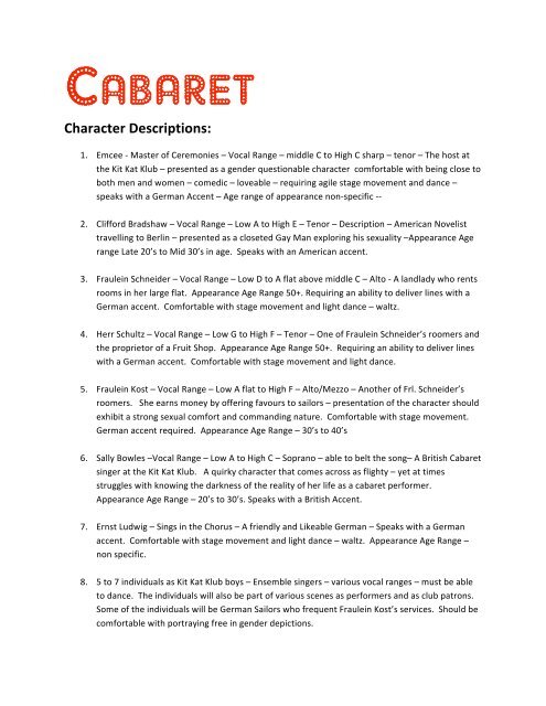 Cabaret Character Description Listing - Theatre Unlimited