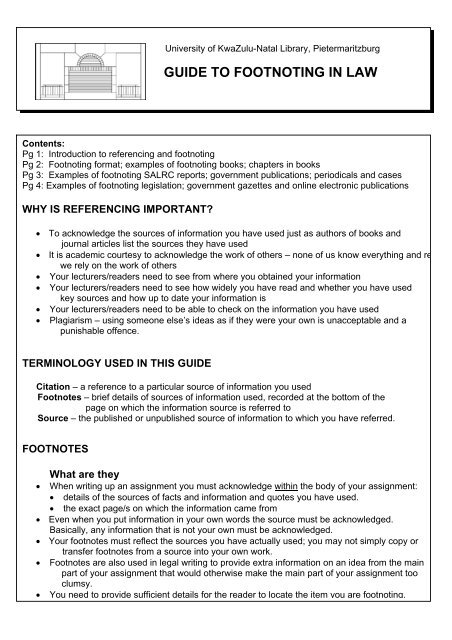 Guide to footnoting in law - Library - University of KwaZulu-Natal