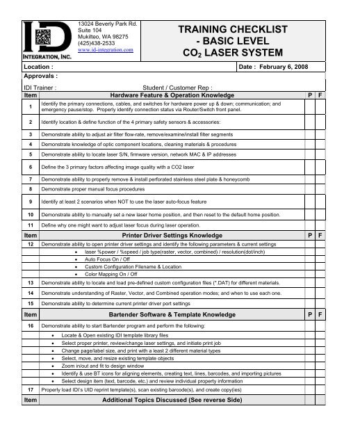 TRAINING CHECKLIST - BASIC LEVEL CO2 LASER ... - ID Integration