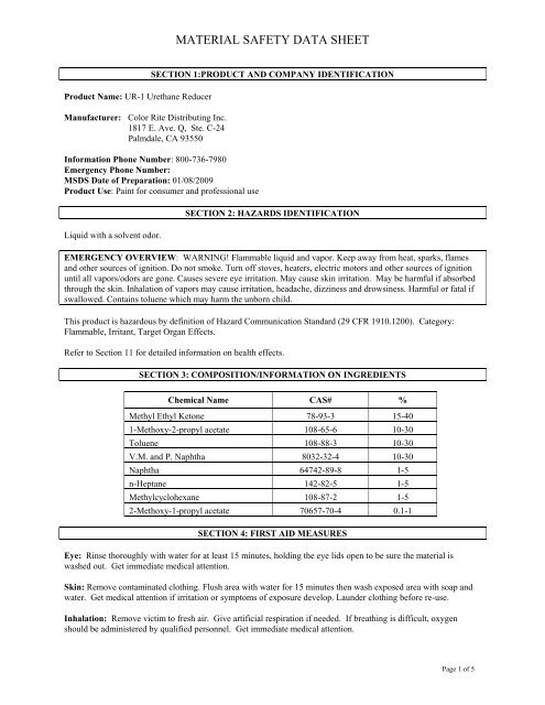 UR-1 Urethane Reducer MSDS - Suzuki Automotive Paint