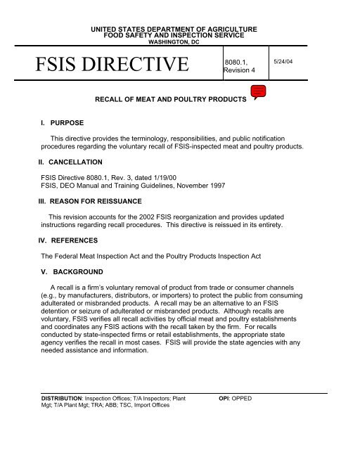 FSIS Directive 8080.1 Revision 4 - Food Safety and Inspection Service