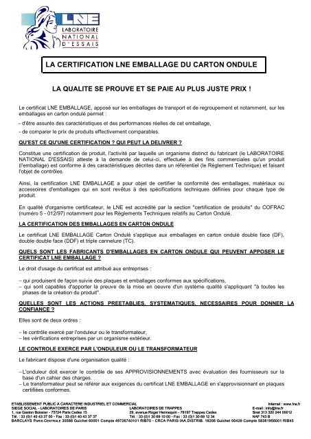 LA CERTIFICATION LNE EMBALLAGE DU CARTON ONDULE