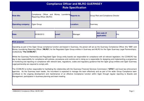 Compliance Officer and MLRO GUERNSEY Role Specification - Ogier