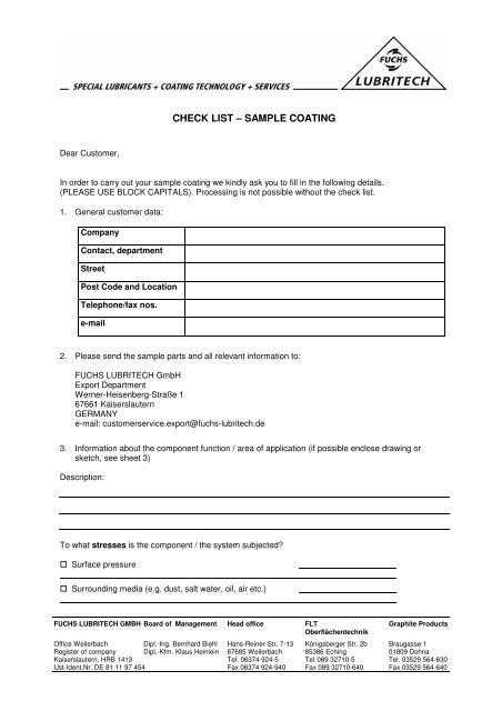 CHECK LIST ? SAMPLE COATING - Fuchs Lubritech GmbH