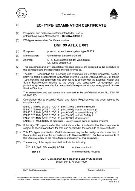 EC- TYPE- EXAMINATION CERTIFICATE DMT ... - Goennheimer.de