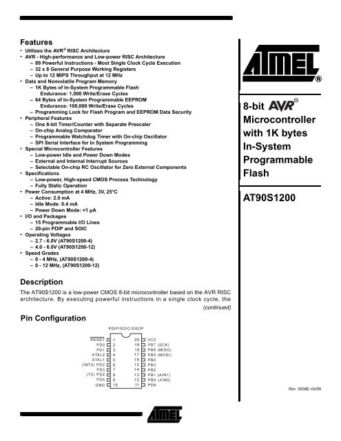 AT90S1200 8-bit AVR Microcontroller with 1K bytes In ... - HW.cz
