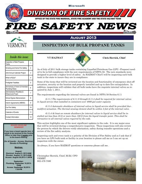 INSPECTION OF BULK PROPANE TANKS August 2013 - Vermont ...
