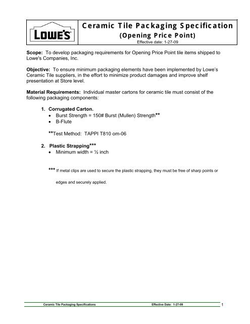 Ceramic Tile Packaging Specifications - LowesLink