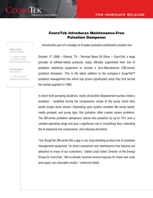 CoorsTek Introduces Zero-Maintenance Pulsation Stabilizer
