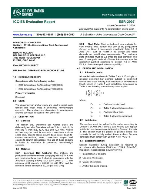 ICC-ES Evaluation Report ESR-2907 - Nelson Stud Welding