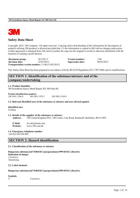 3M Scotchkote Epoxy Metal Repair XG 509 Part B MSDS ... - Promain