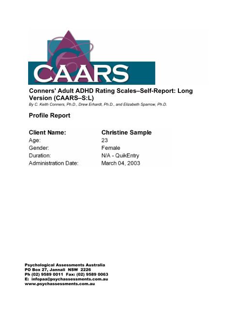 CAARS Profile Report - Psychological Assessments Australia