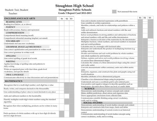 Grade 5 Standards Based Report Card - Stoughton Public Schools