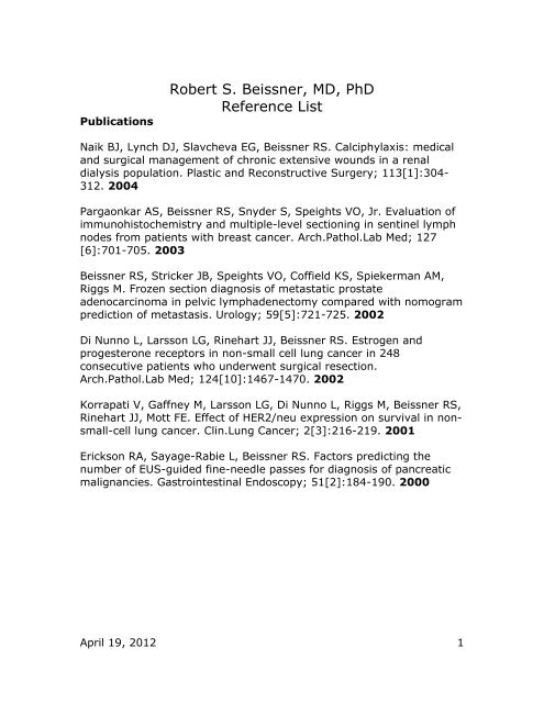 Robert S. Beissner, MD, PhD Reference List - PhotoBooks