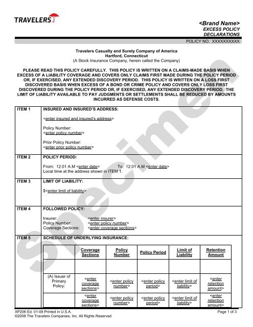 Declarations - Travelers Insurance