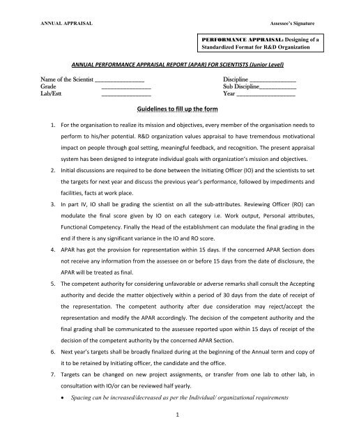 Annual Performance Appraisal Report (APAR) for Scientists (Junior ...