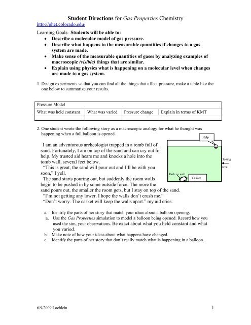 Student Directions for Gas Properties Chemistry - PhET