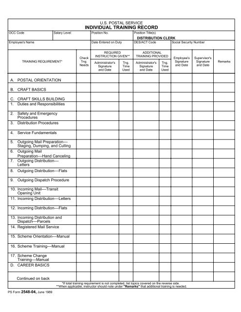 PS Form 2548-04, Individual Training Record ... - NALC Branch 78
