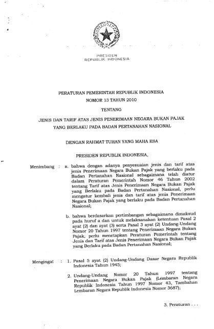 PP Nomor 13 Tahun 2010 Tentang Jenis dan Tarif atas Jenis PNBP ...