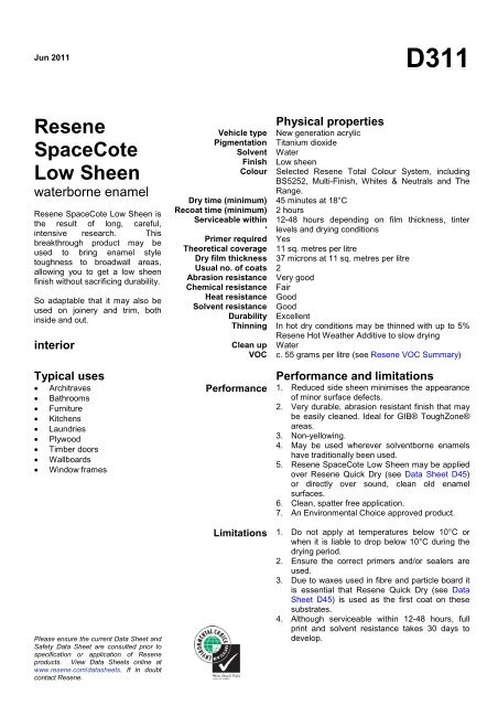 Datasheet for D311 Resene SpaceCote Low Sheen waterborne ...