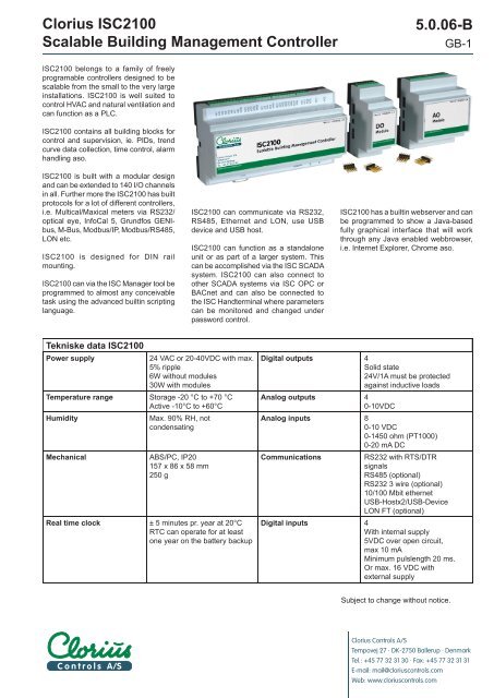 Clorius ISC2100 Scalable Building Management ... - Clorius Controls