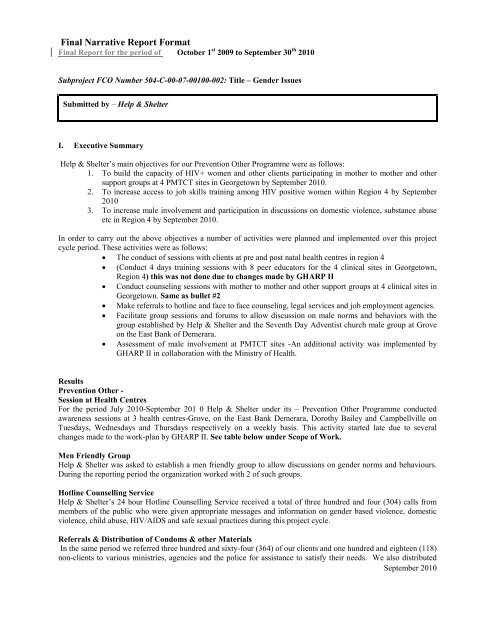 USAID-CSDS Final Narrative Report October 2009 ... - Help & Shelter