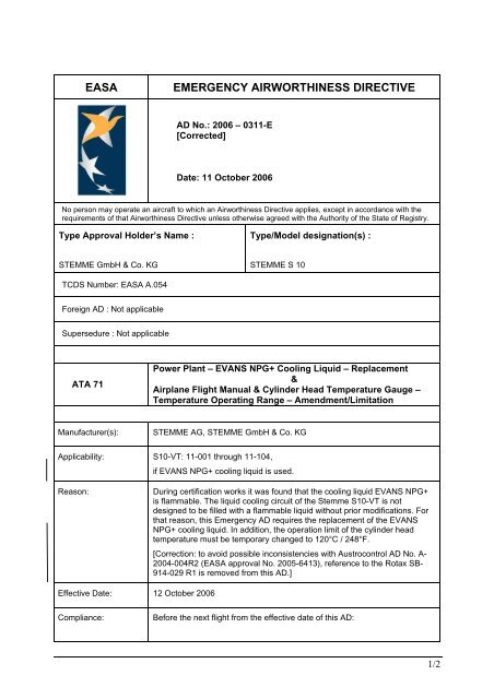 EASA EMERGENCY AIRWORTHINESS DIRECTIVE - Stemme AG