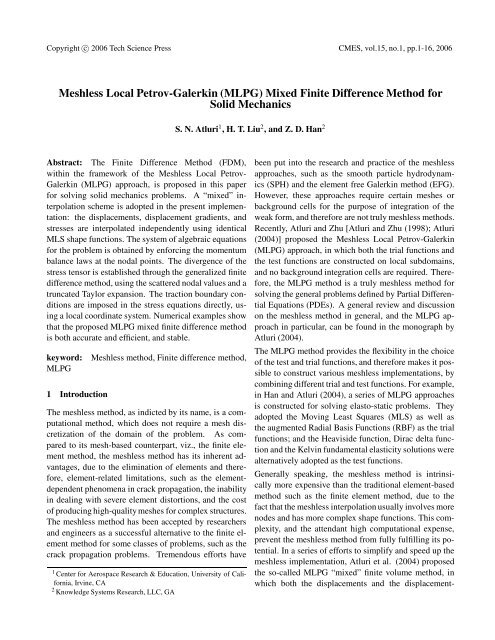Meshless Local Petrov-Galerkin (MLPG) Mixed Finite Difference ... Meshless Local Petrov-Galerkin (MLPG) Mixed Finite Difference ...