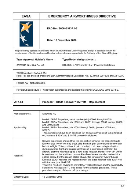 current the EASA AD 2006-0373R1-E - Stemme AG