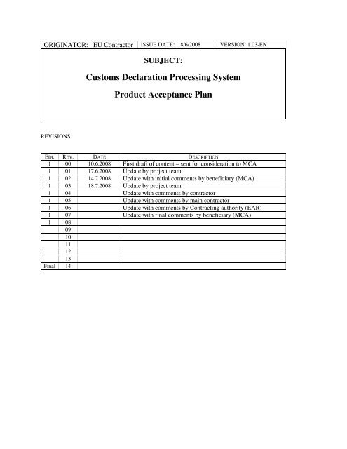 Customs Declaration Processing System Product Acceptance Plan