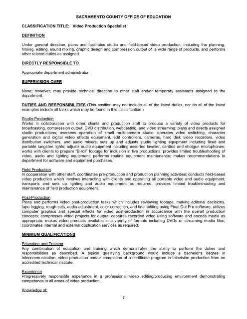Job Description: Video Production Specialist - Sacramento County ...