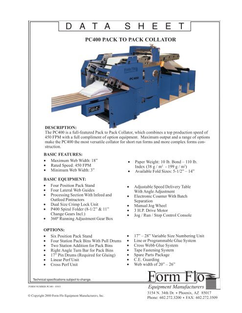 PC400 PACK TO PACK COLLATOR - FORM FLO EQUIPMENT