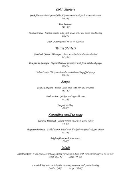 Cold Starters Warm Starters Soups Something small to ... - Prague TV