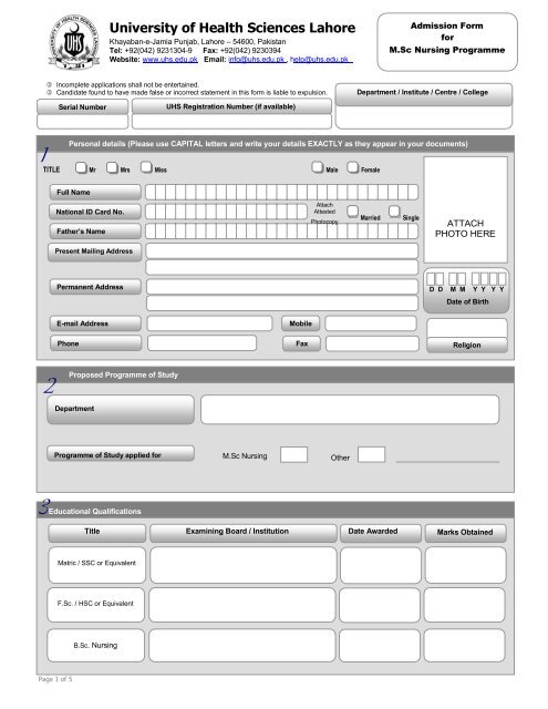 Admission Form for M.Sc. Nursing - University of Health Sciences