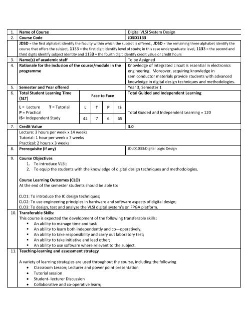 1 Name Of Course Digital Vlsi System Design 2 Course Code
